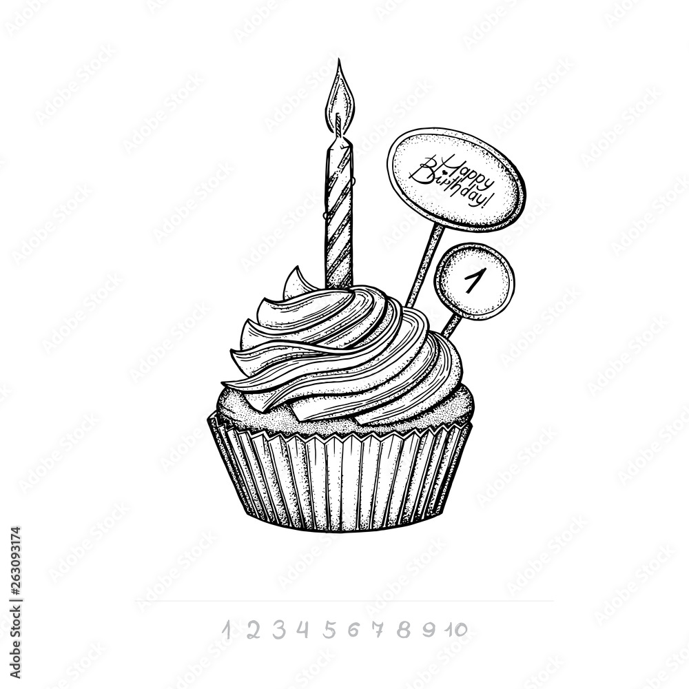 Happy birthday hand drawn vector illustration. Birthday cupcake with ...