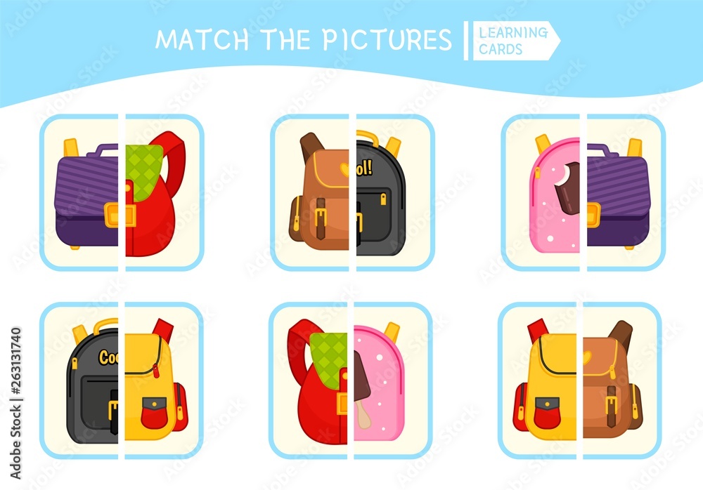 Matching children educational game. Match parts of cartoon backpacks ...