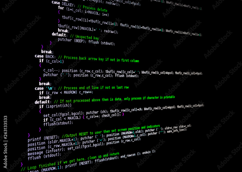 Part of source code for a computer program. View from an angle. Focus ...