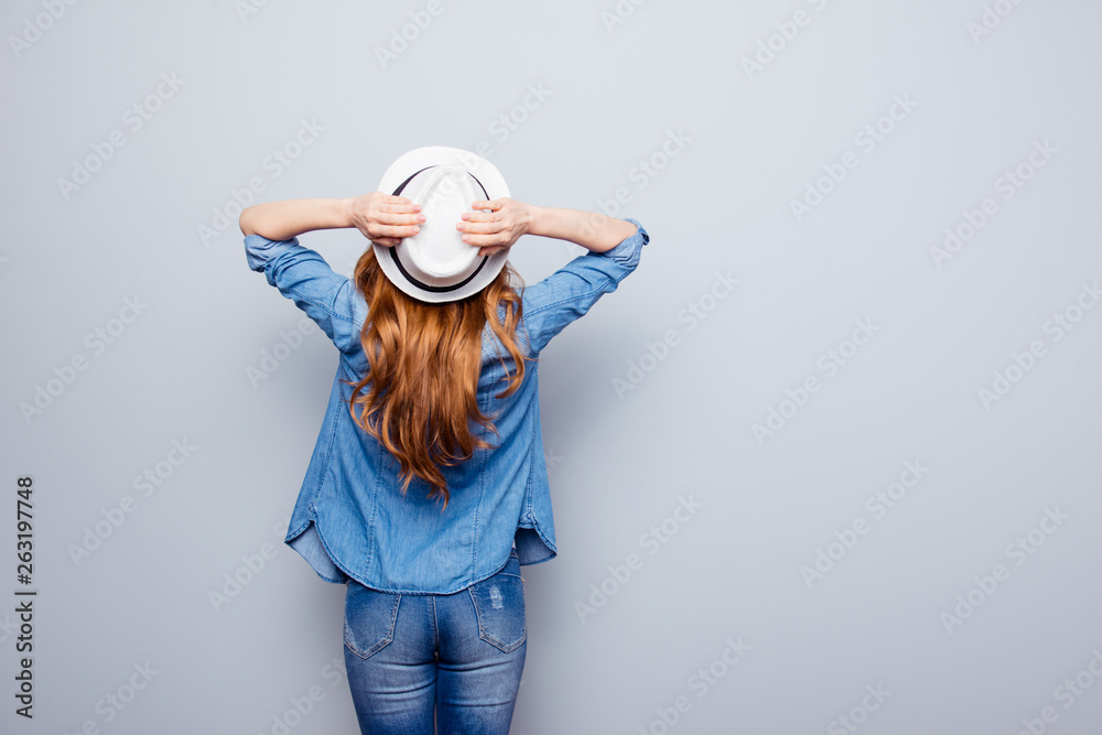 Close up back rear behind photo beautiful she her lady hands arms hold ...