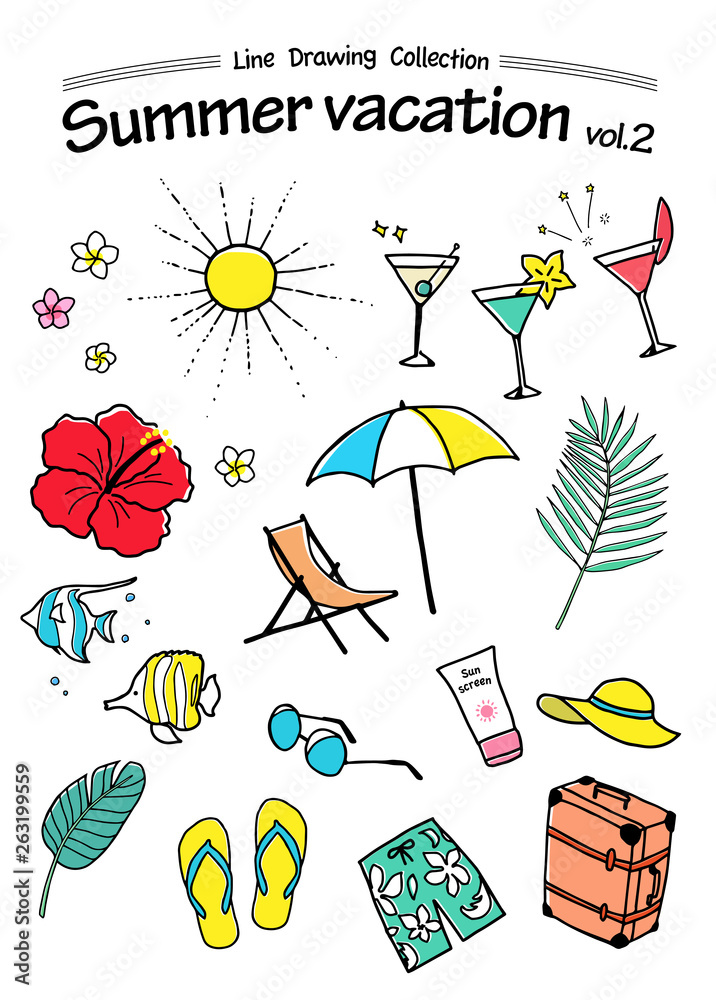 Summer vacation 2 -Line Drawing Collection (color) Stock Vector | Adobe ...