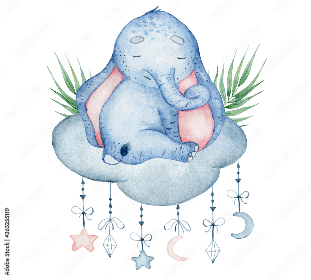 Watercolor cute elephant sitting on the cloud animal illustration Stock ...
