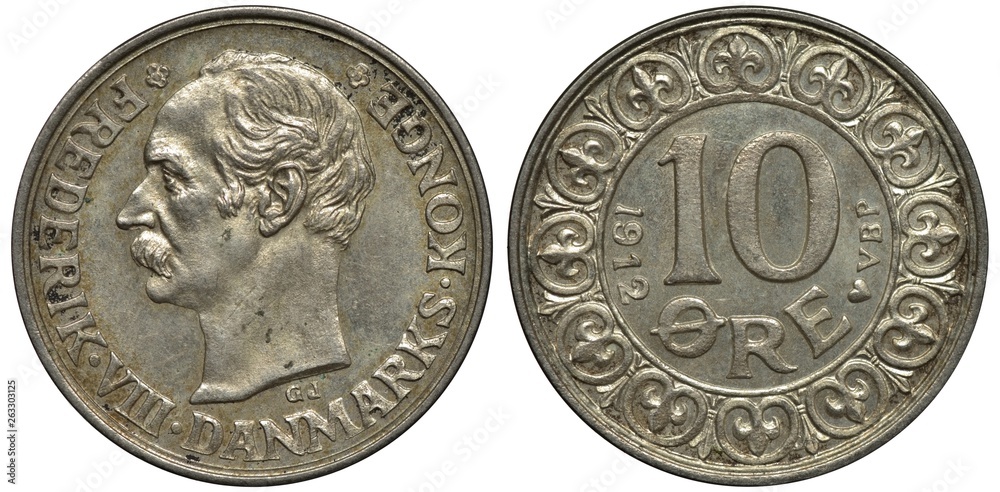 Denmark Danish silver coin 10 ten ore 1912, head of King Frederik VIII ...