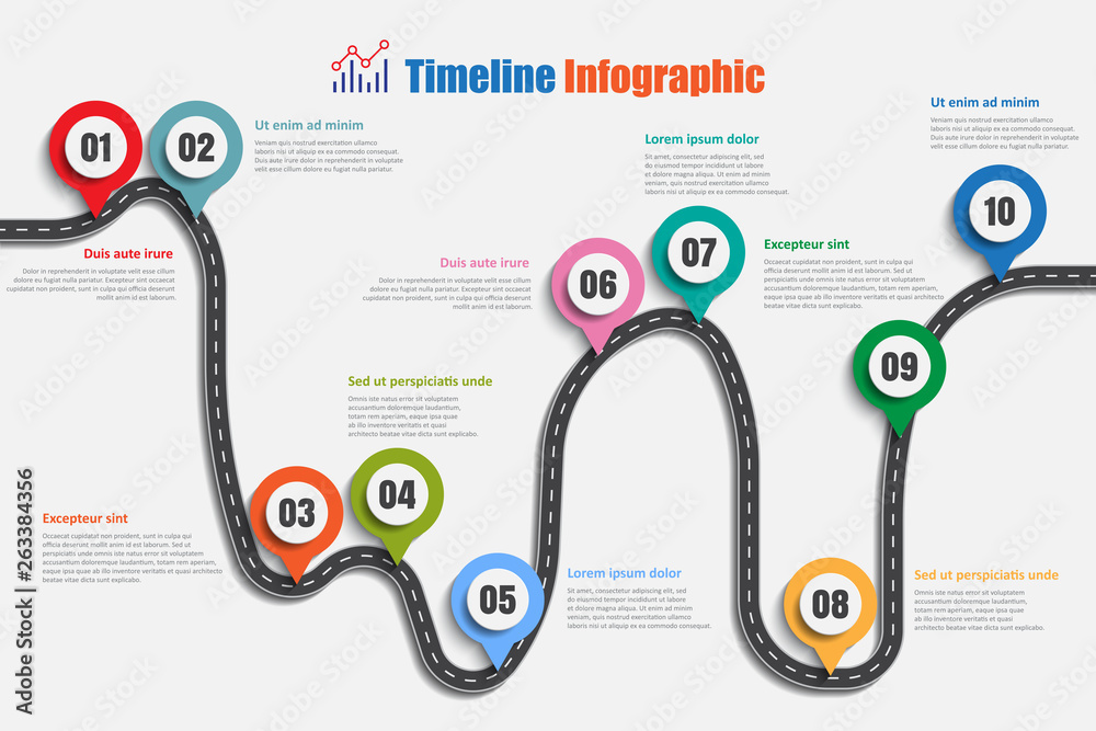 Road map business timeline infographic with 10 steps designed for ...