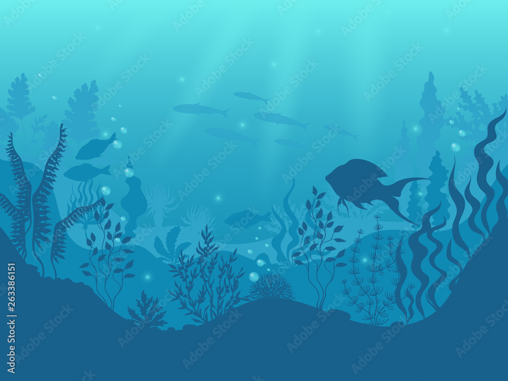 Underwater silhouette background. Undersea coral reef, ocean fish and ...