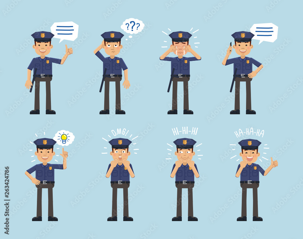 Vetor Set of policeman characters posing in different situations ...