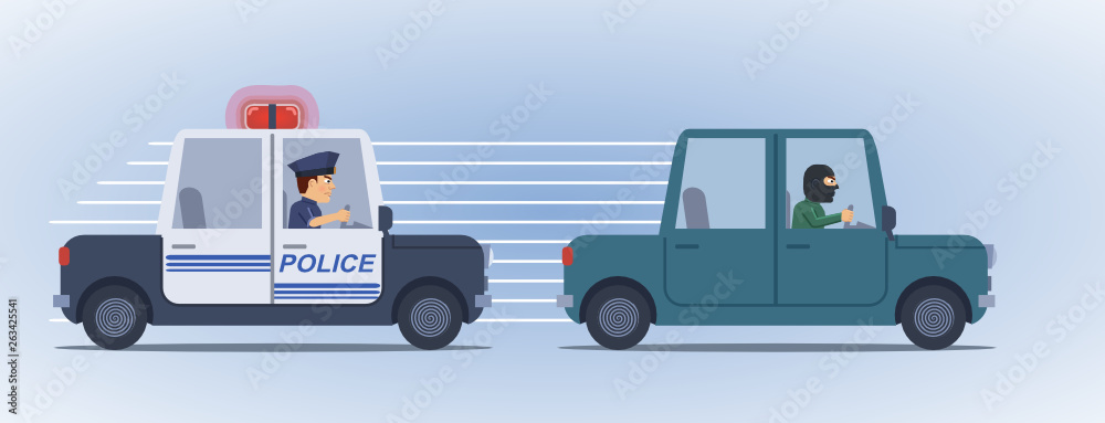 Illustration of a police car chasing a bandit. Hot pursuit, detective ...