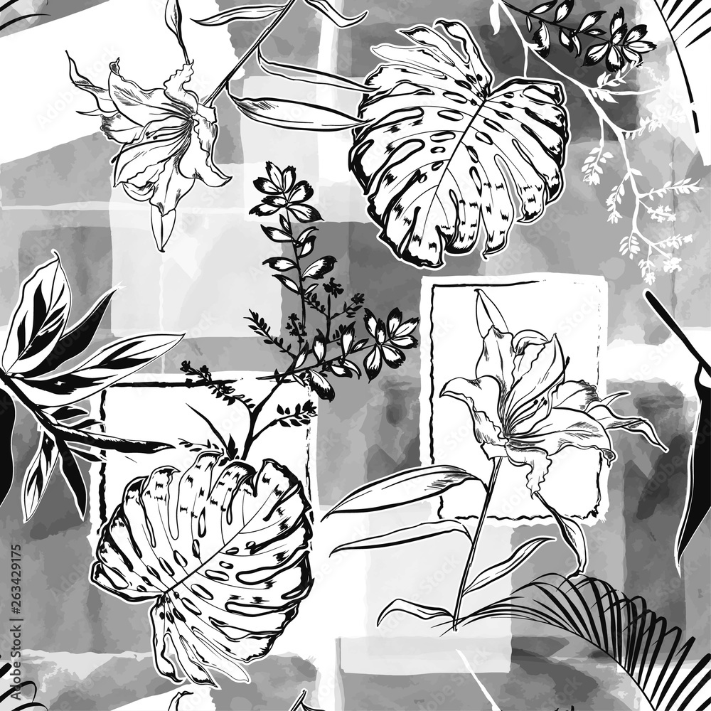 Monotone white grey and black Hand drawing sketch botanical and ...