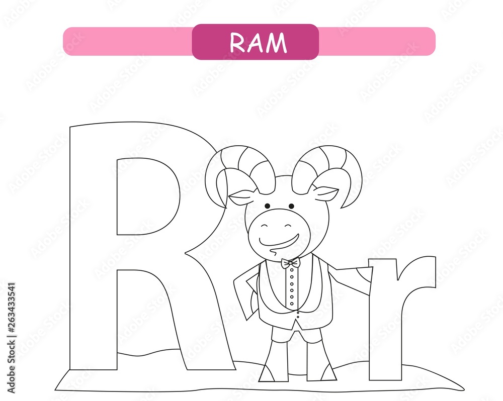 Letter R and funny cartoon ram. Animals alphabet a-z. Cute zoo alphabet ...