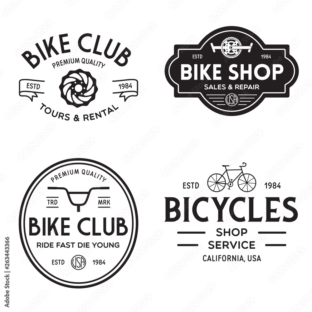 Set of vintage and modern bike shop logo badges and labels. Cycle wheel ...