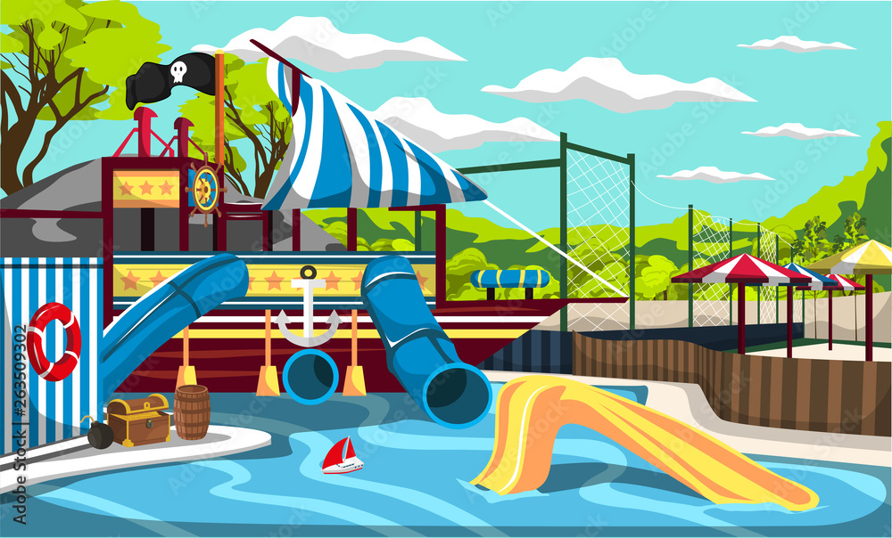 Clean Waterpark Kiddie Pirate Ship Pool Splash Mountain with Tunnels ...