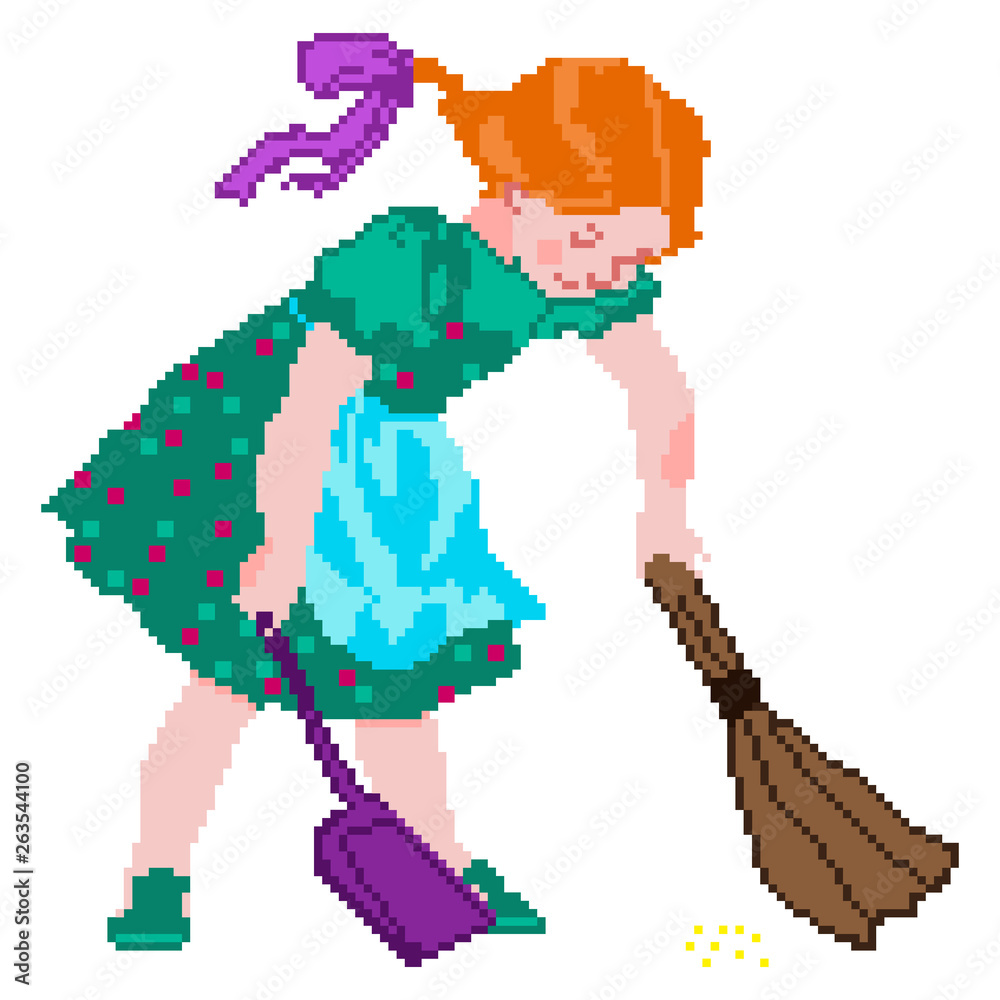 Vector pixel art. Girl cleaning floor. with Broom Stock Illustration ...