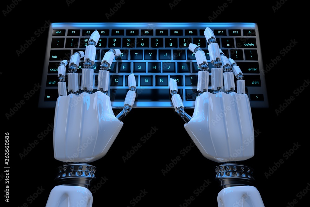 Stock-Illustration „Hands of ai robot typing on keypad. Robotic cyborg hand using keyboard ...