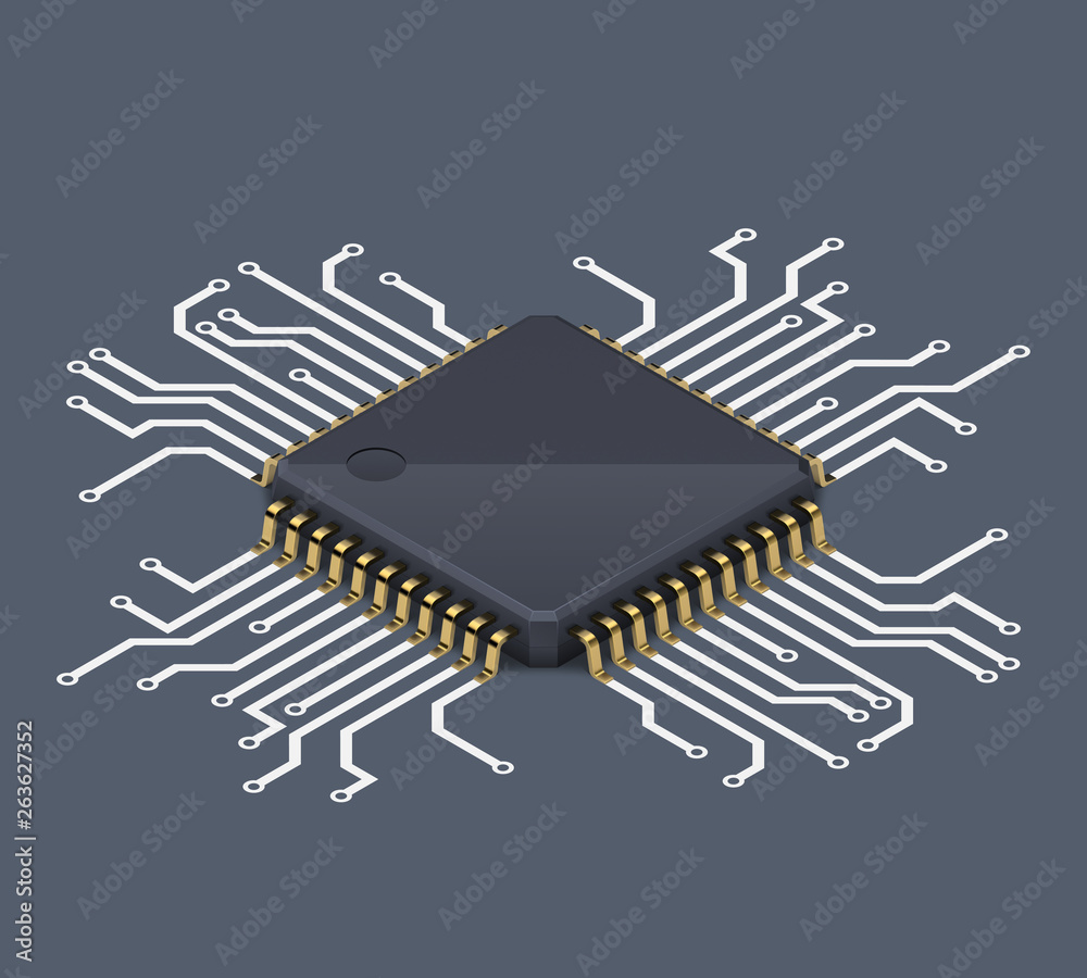 Computer chip or processor on circuit board with conductive tracks and ...