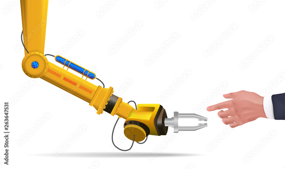 Robotic arm futuristic HUD. Robot hand touch human hand. Symbol of connection and interaction a ...