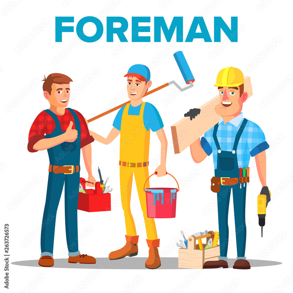 Character Foreman Staff Renovation Team Vector. Smiling Professional ...
