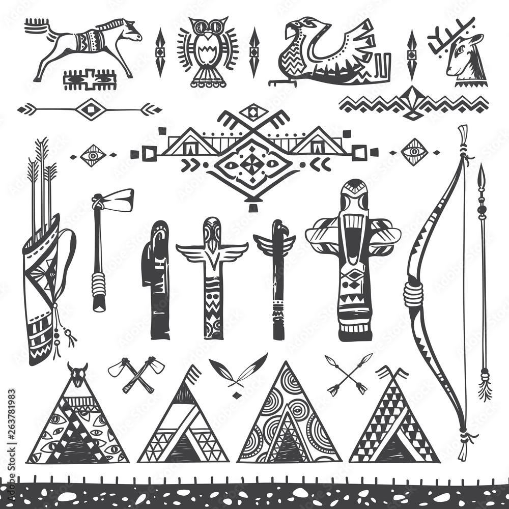 Doodle Drawings of Tribal Symbols and Artifacts Stock Vector | Adobe Stock