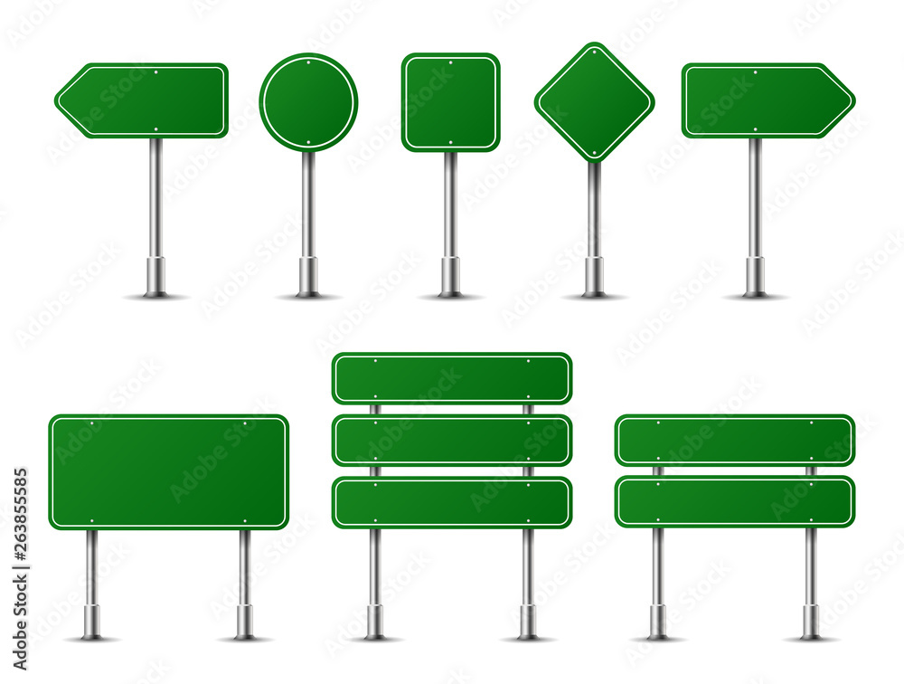 Realistic traffic signs on metal steel pole isolated. Diffrent green ...