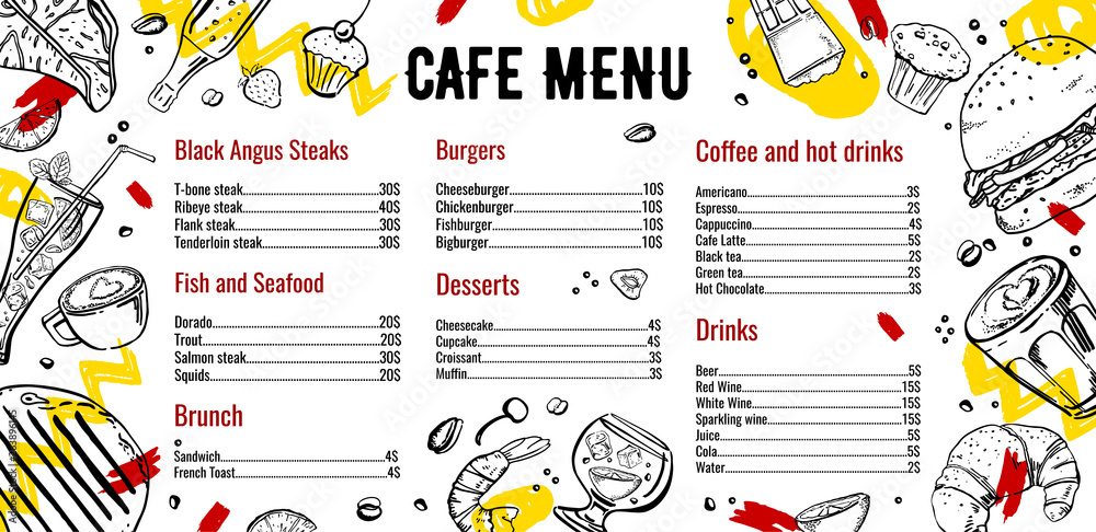 Cafe menu design template with list of steaks, fish, burgers, drinks ...