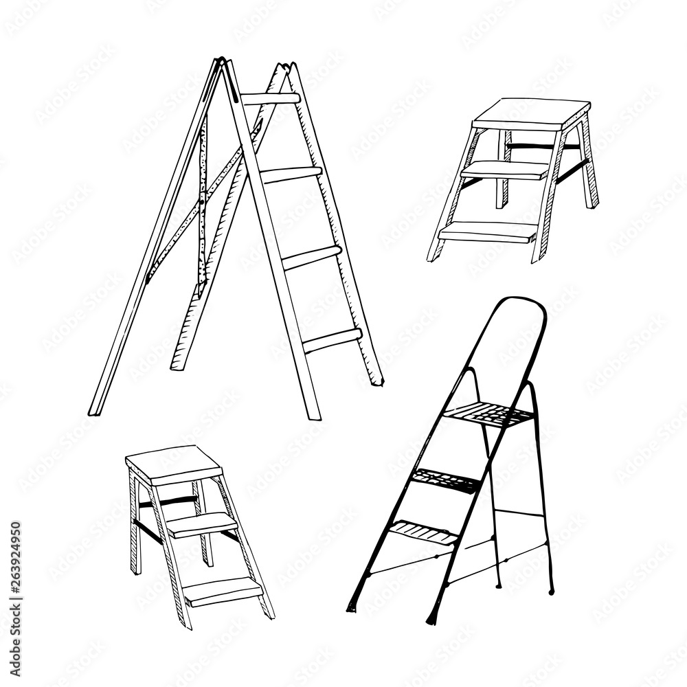 Stepladder sketch.Collection of hand drawn stair, step ladder, rung ...