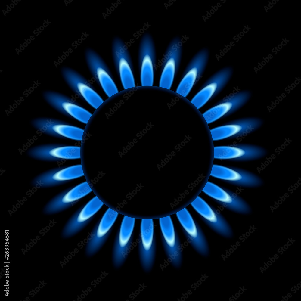 Realistic illustration of a circular gas burner with blue flame. black ...