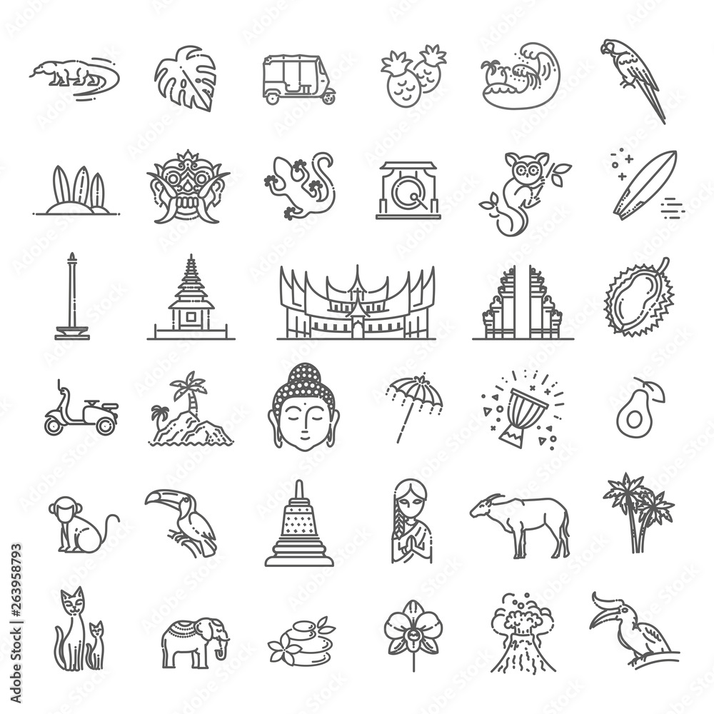 Indonesia icons set. Attractions, line design. Tourism in Indonesia ...