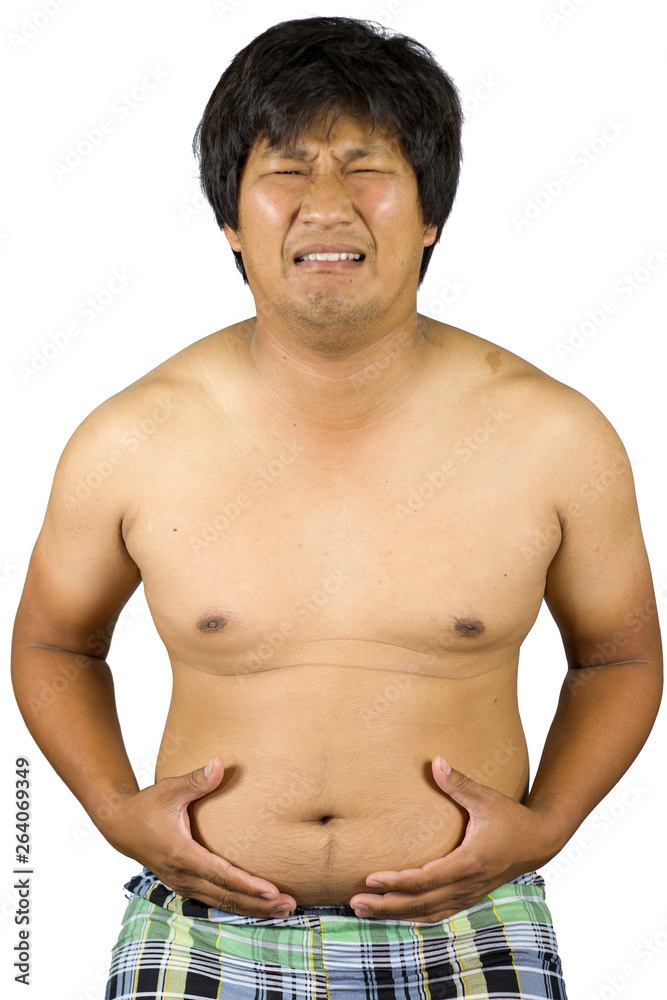 fat man touching his stomach, Fat man with a big belly isolated on ...
