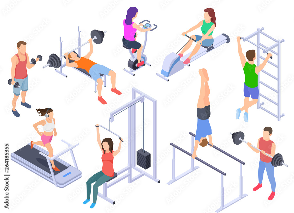 Gym isometric. Fitness people training, physical workout exercise ...
