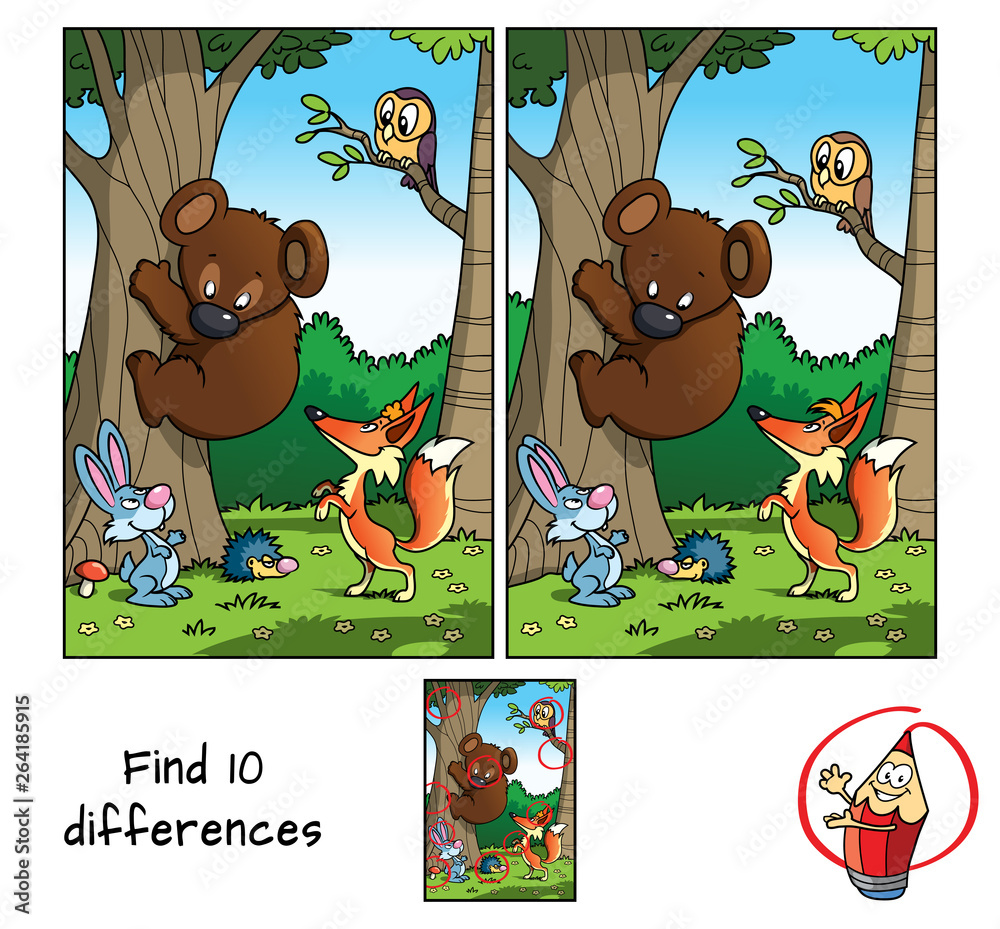 Animals in the forest. Teddy bear, fox, hare, hedgehog and owl. Find 10 ...