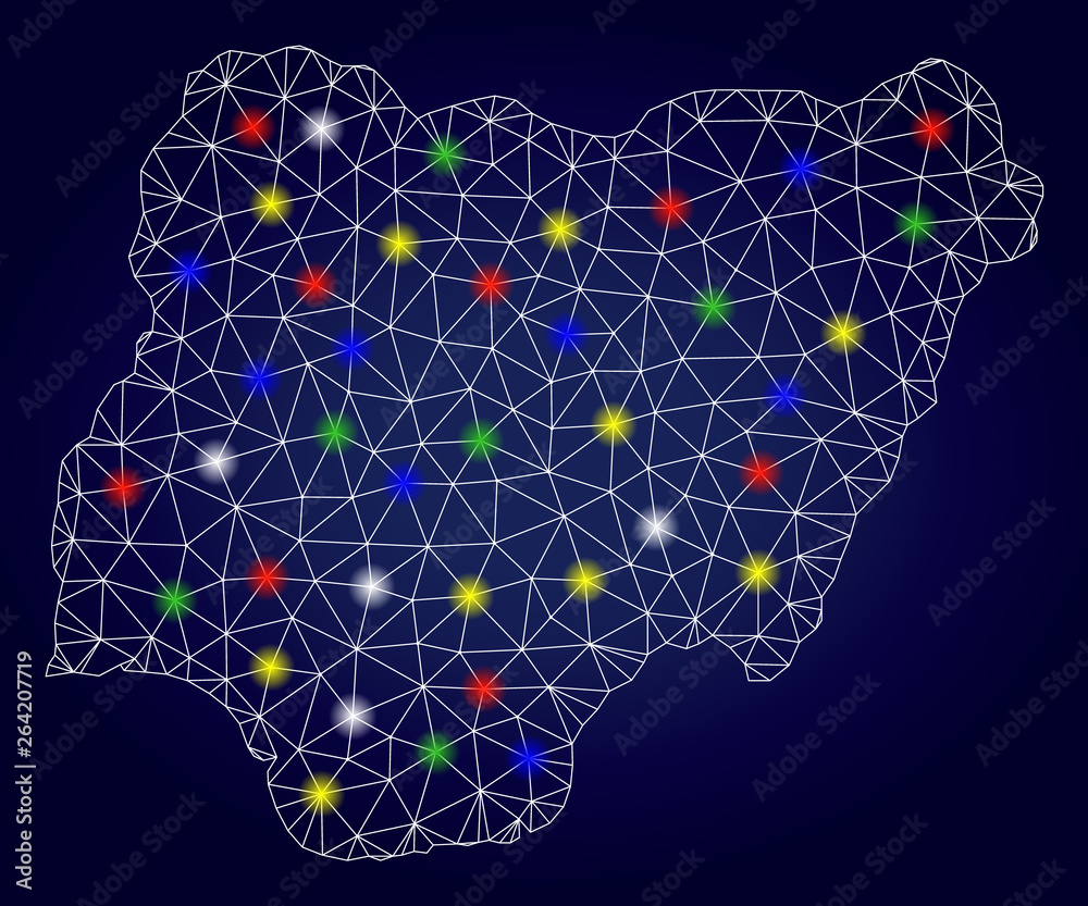 Glamour mesh vector Nigeria map with glow light spots. Mesh model for ...