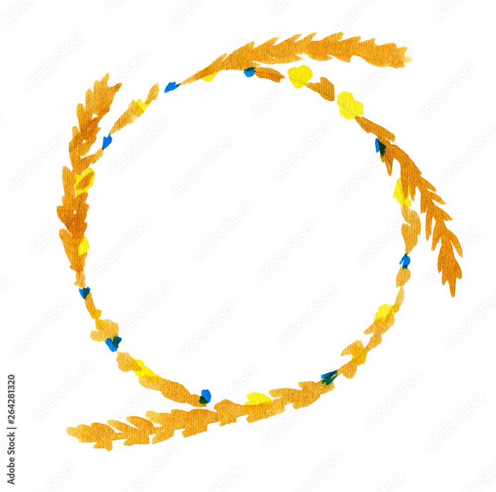 Watercolor flower wreath frame background. Meadow blue flowers and ears ...