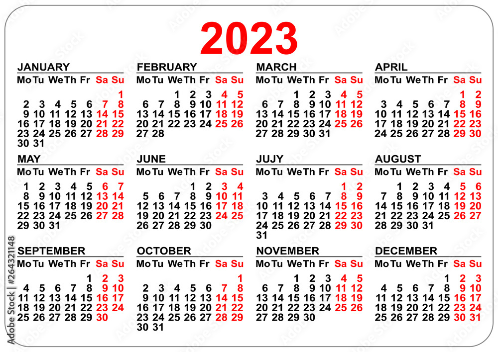 2023 Calendar template isolated on white. Simple horizontal grid Stock ...