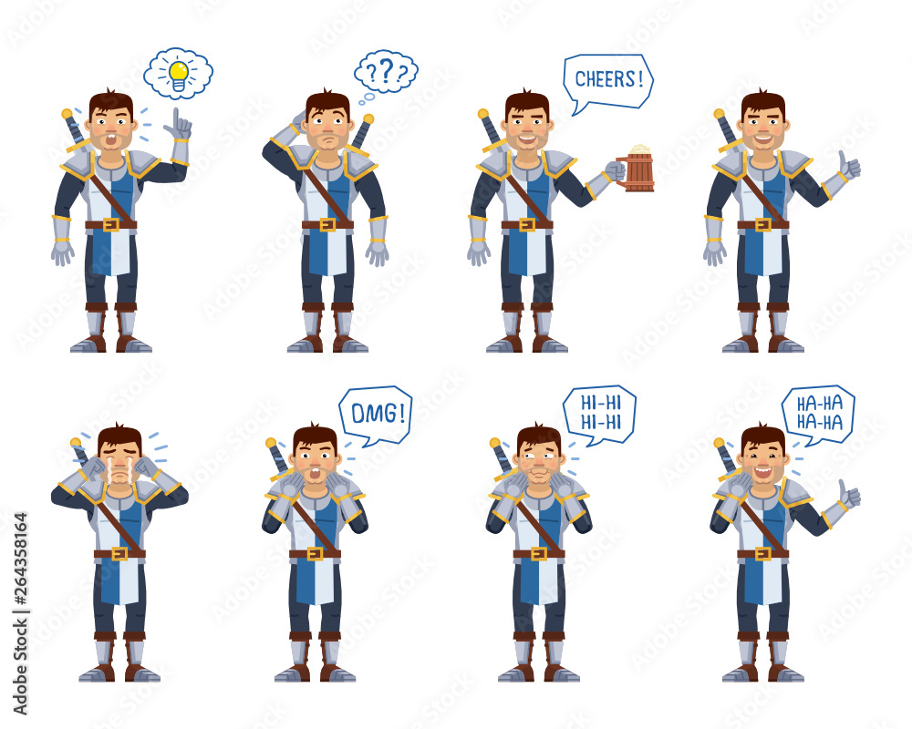 Set of medieval knight characters showing different actions. Cheerful ...