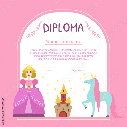 Cute Diploma Template for Girls with Place For Your Text, Preschool ...