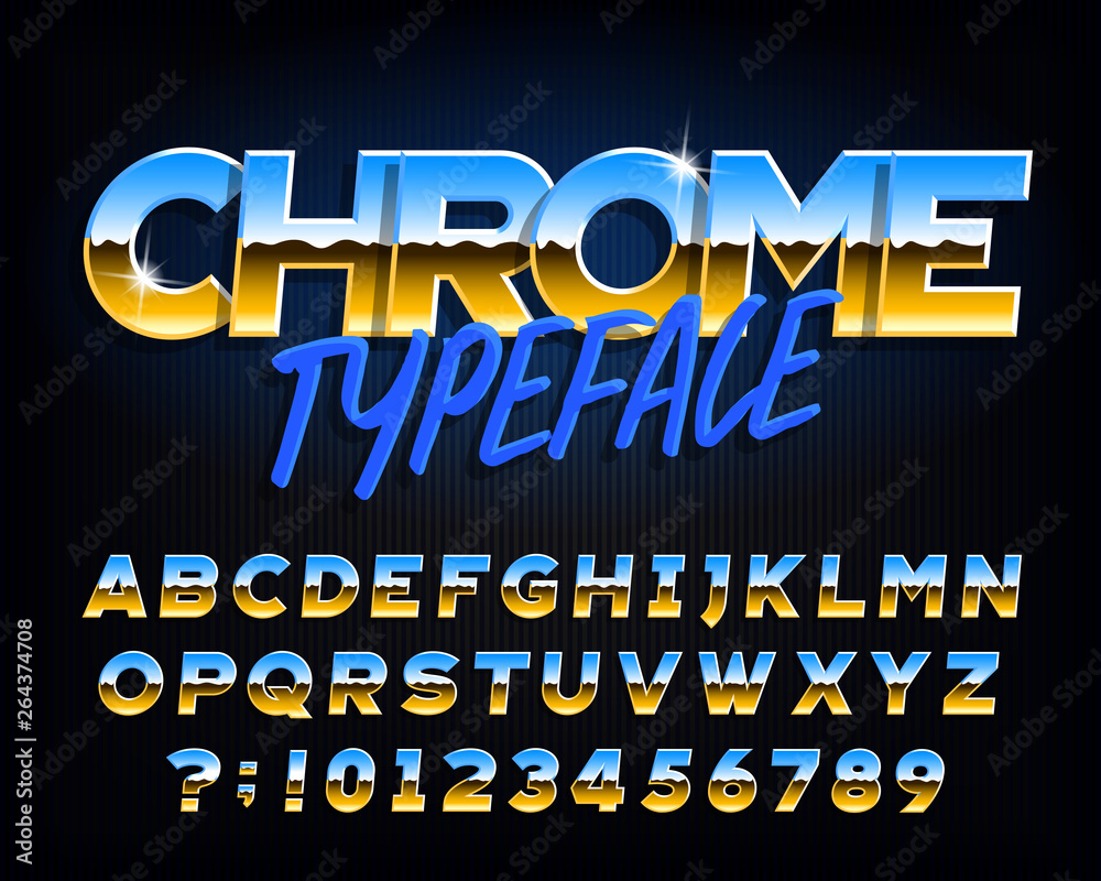 Chrome alphabet font. Chrome effect letters and numbers on dark ...
