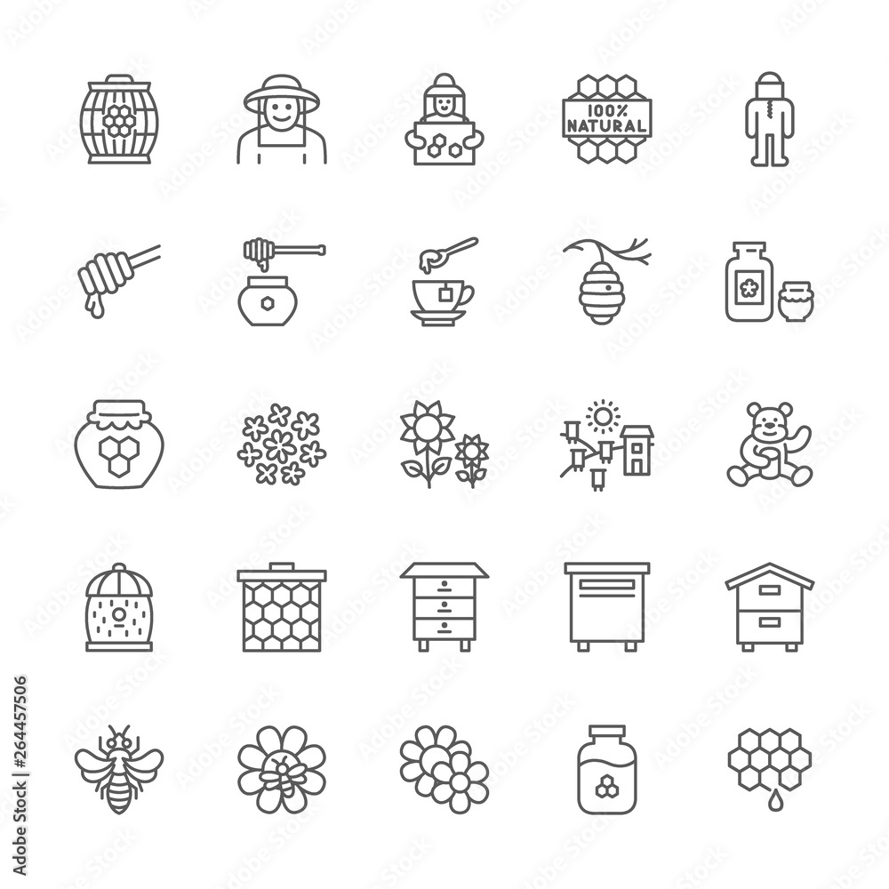 Set of Honey Line Icons. Beekeeper, Protective Suit, Apiary, Beehive ...