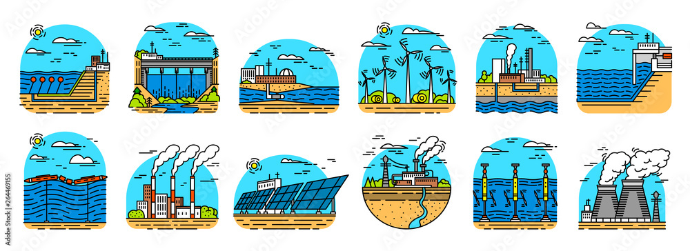 Power plants icons. Industrial buildings. Nuclear Factories, Chemical ...