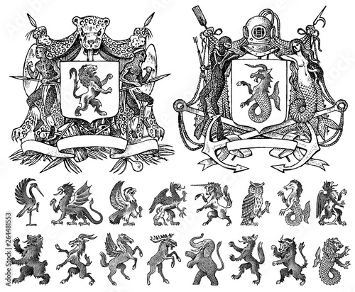 Heraldry in vintage style. Engraved coat of arms with animals, birds ...