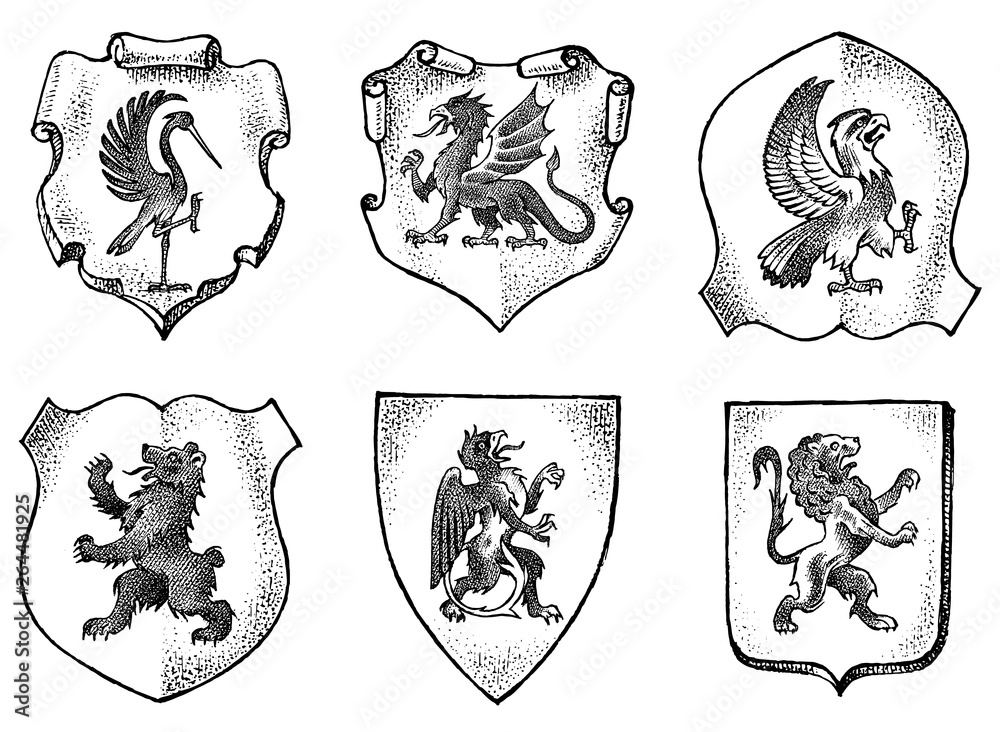 Heraldry in vintage style. Engraved coat of arms with animals, birds ...