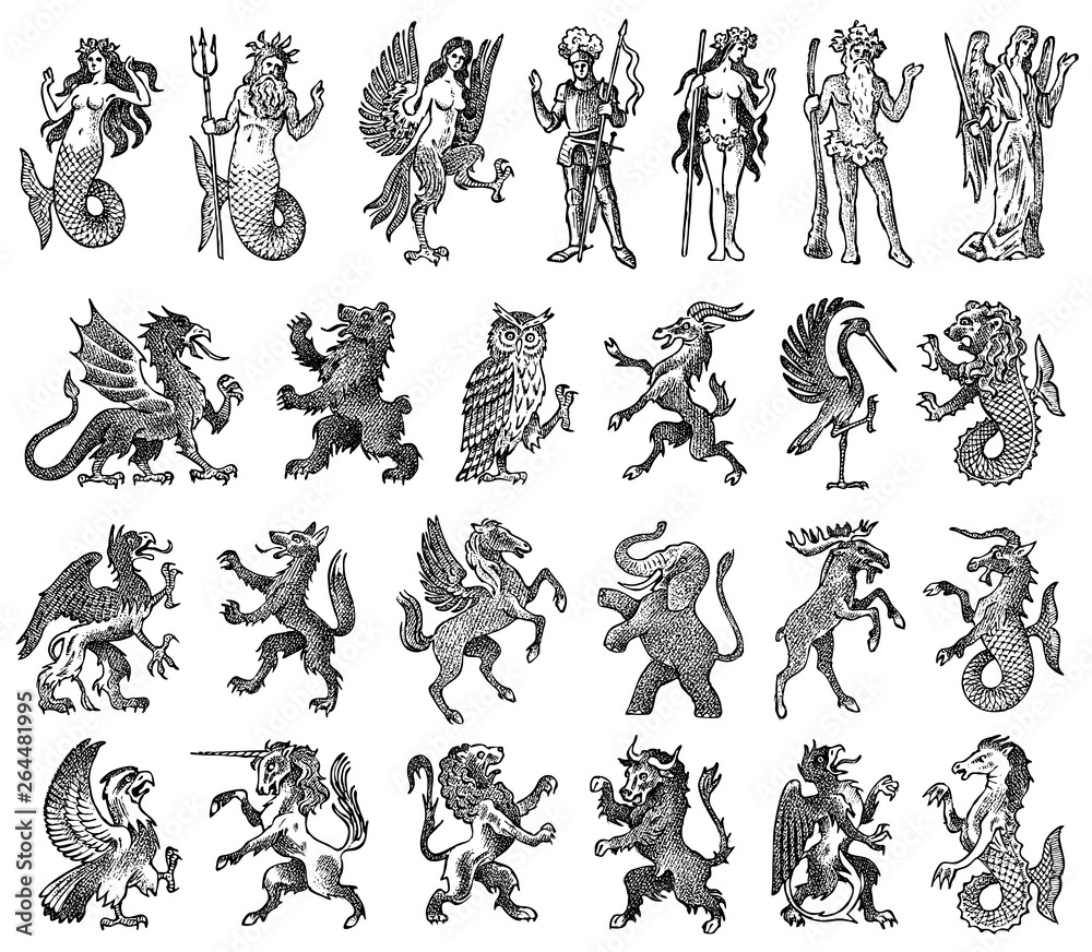 Animals for Heraldry in vintage style. Engraved coat of arms with birds ...
