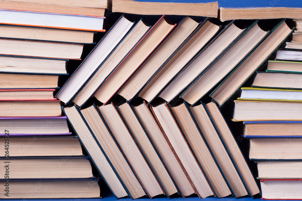 Stack of used old books,top view. Education background. Back to school ...