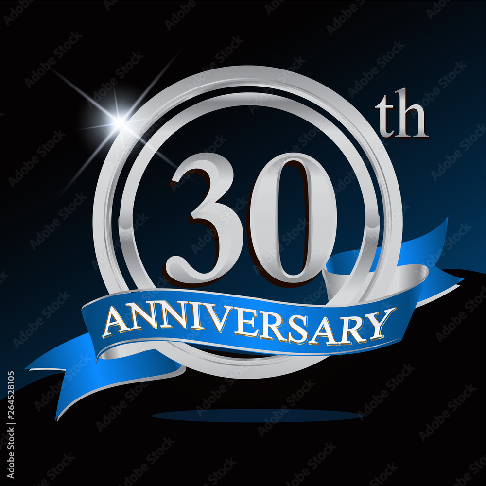30th anniversary logo with blue ribbon and silver ring, vector template ...