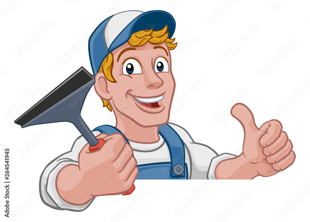 Window cleaning cartoon cleaner mascot man holding a carwash squeegee ...