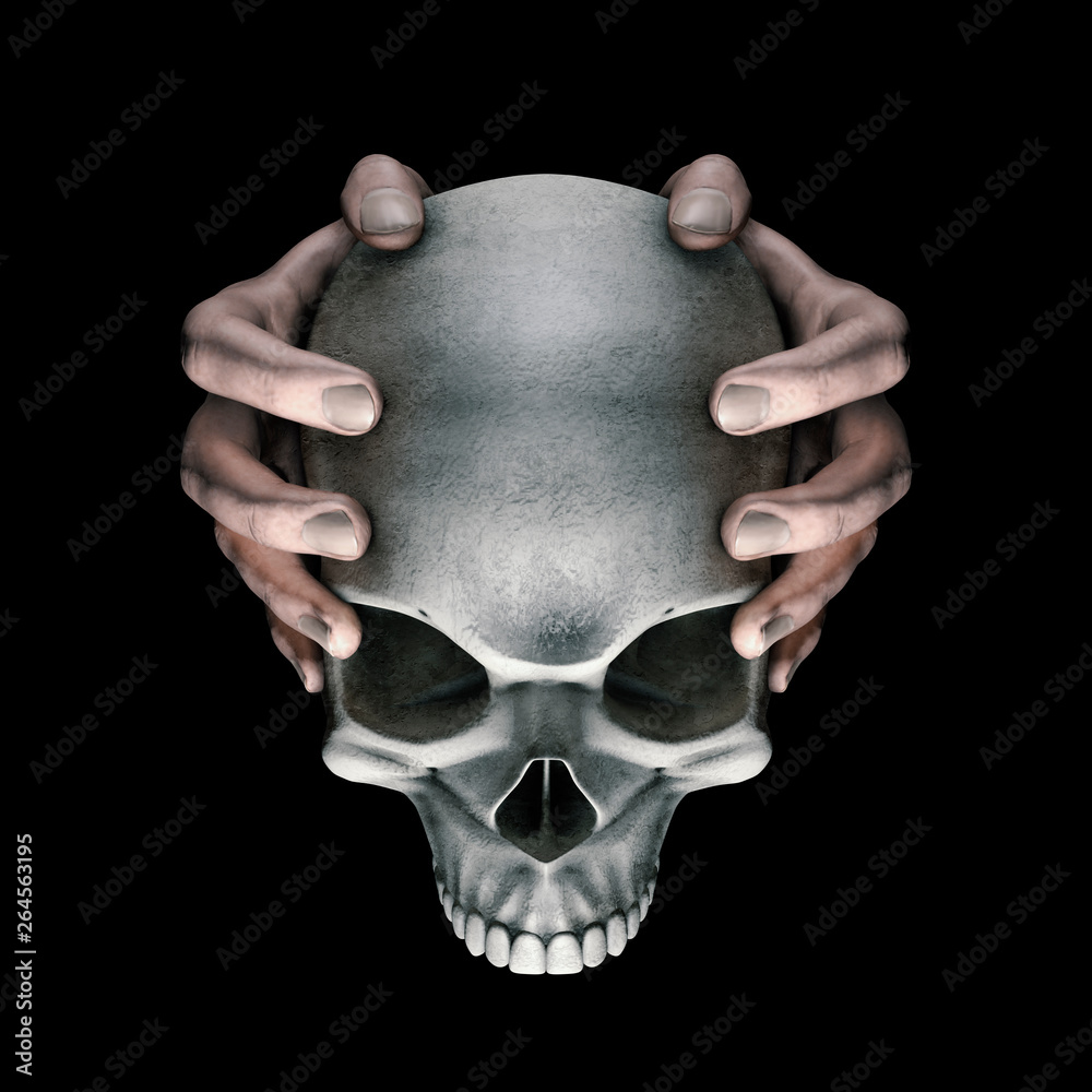 Dark thoughts horror skull / 3D illustration of hands holding scary ...