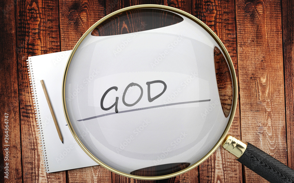 Study, learn and explore god - pictured as a magnifying glass enlarging ...