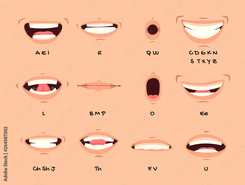 Cartoon talking mouth and lips expressions vector animations poses ...
