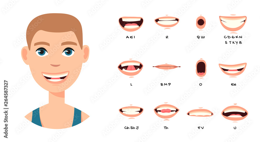 Cartoon talking mouth and lips expressions vector animations poses. Accent and pronunciation ...