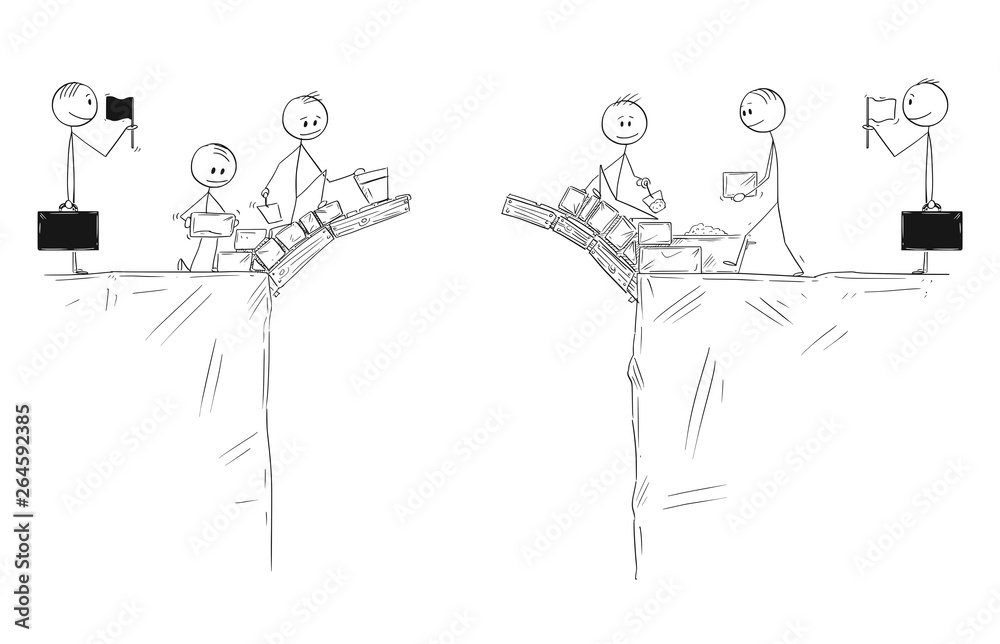 Cartoon stick figure drawing conceptual illustration of two groups of ...