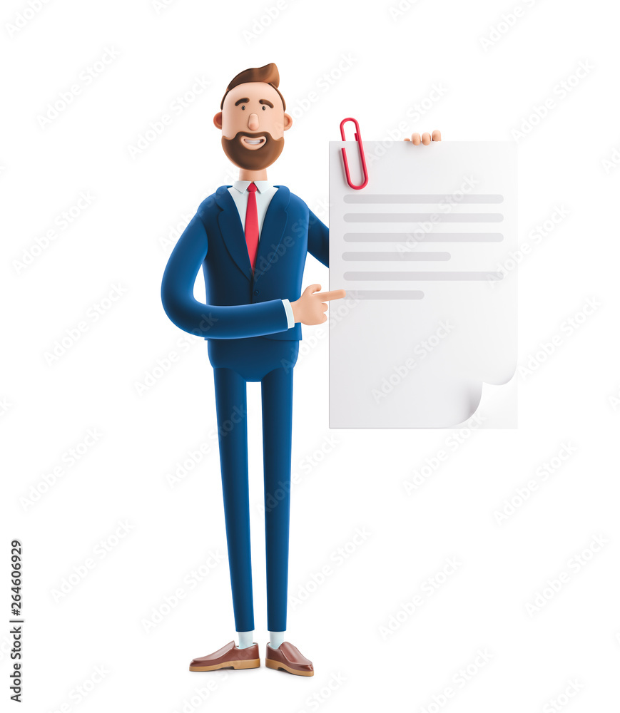 3d illustration. Handsome businessman Billy holds a completed document ...