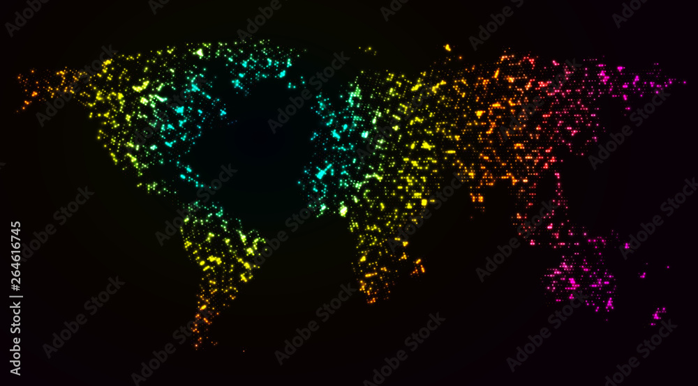 Neon glowing dotted world map for big data visualization and heat map ...